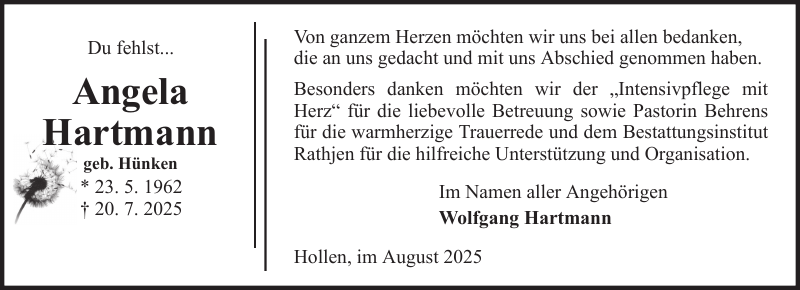 Angela Hartmanngeb. Hünken: Danksagung : Nordsee-Zeitung