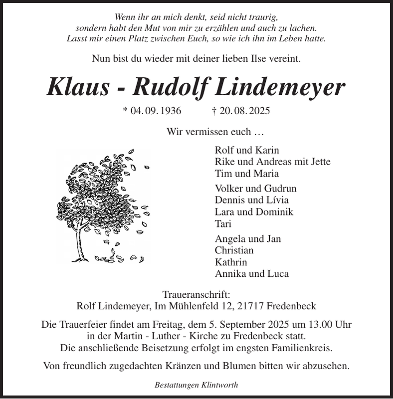 Klaus-Rudolf Lindemeyer: Traueranzeige : Stader Tageblatt