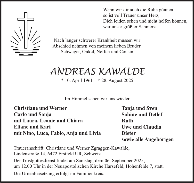 Andreas Kawälde: Traueranzeige : Stader Tageblatt
