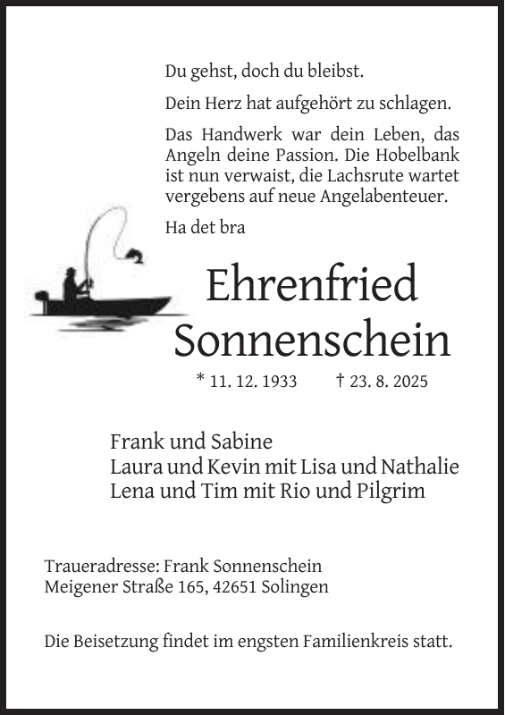 Ehrenfried Sonnenschein: Traueranzeige : Solinger Tageblatt Trauer