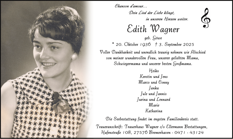 Edith Wagner: Gedenken : Nordsee-Zeitung