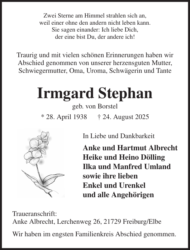 Irmgard Stephan: Traueranzeige : Stader Tageblatt