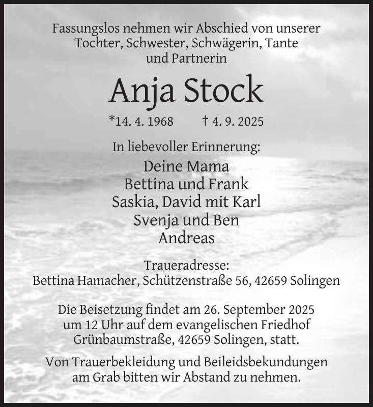 Anja Stock: Traueranzeige : Solinger Tageblatt Trauer