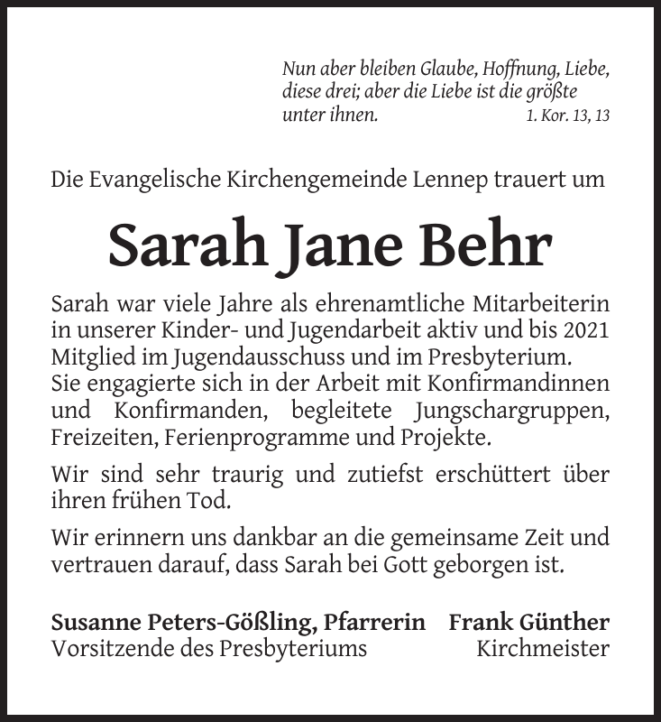 Sarah Jane Behr: Traueranzeige : Remscheider General-Anzeiger