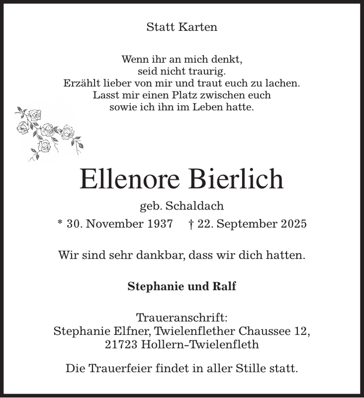 Ellenore Bierlich: Traueranzeige : Stader Tageblatt