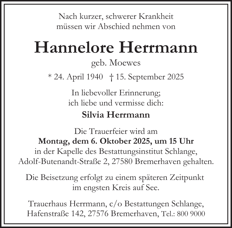 Hannelore Herrmann: Gedenken : Nordsee-Zeitung