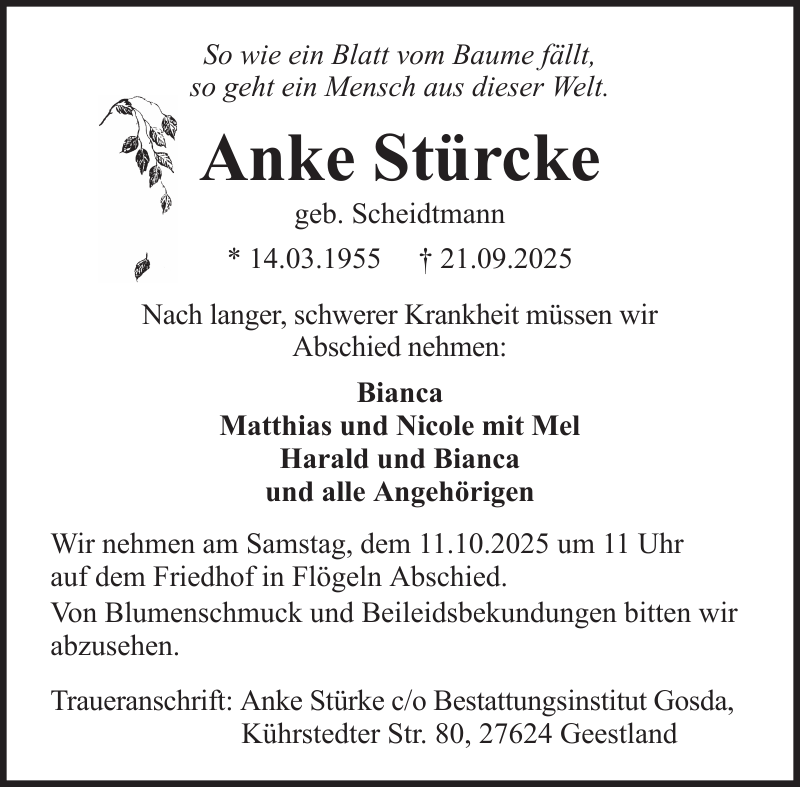 Anke Stürcke geb. Scheidtmann: Gedenken : Nordsee-Zeitung