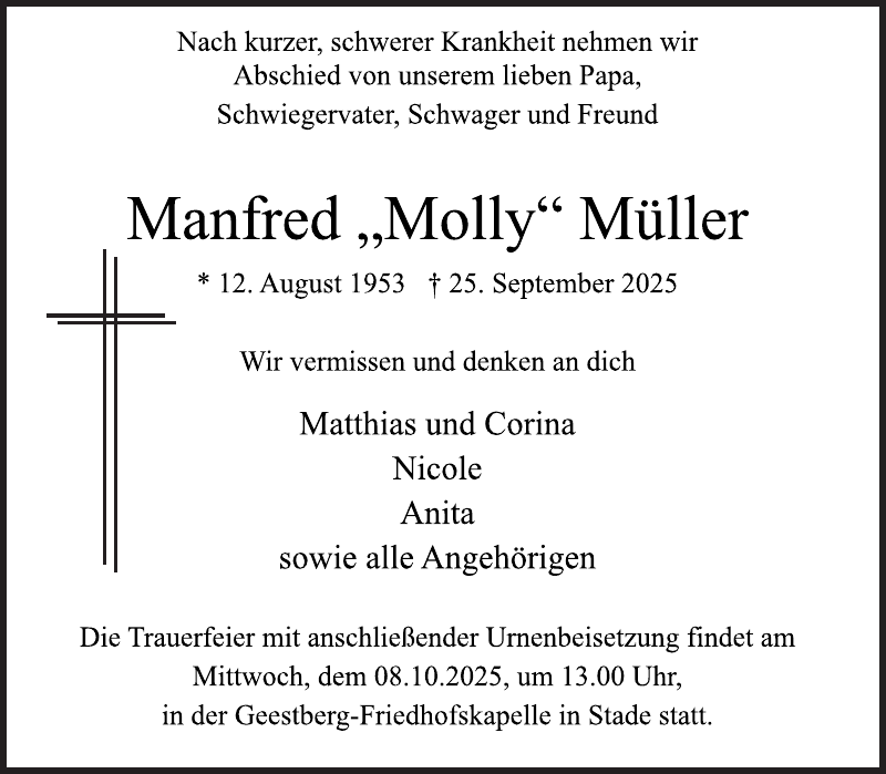 Manfred 'Molly' Müller: Traueranzeige : Stader Tageblatt