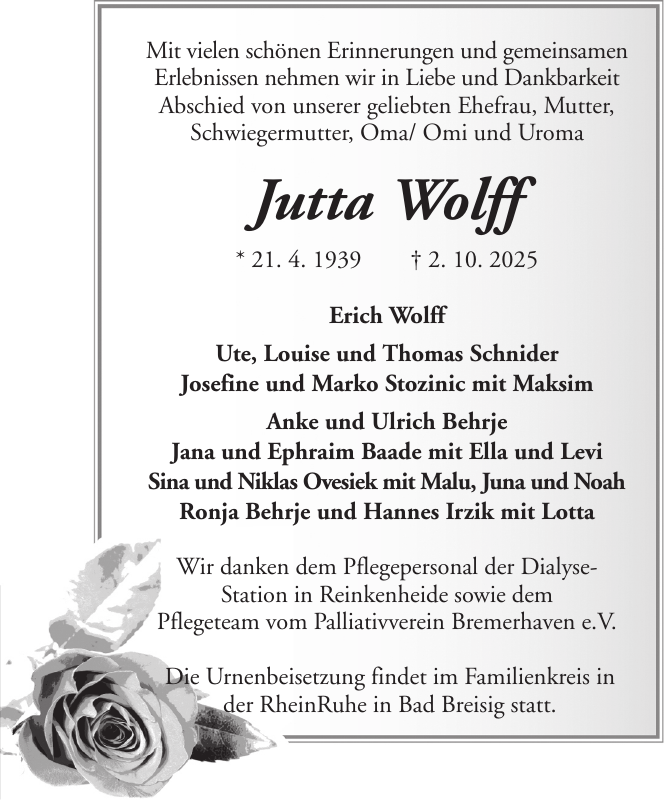 Jutta Wolff: Gedenken : Nordsee-Zeitung