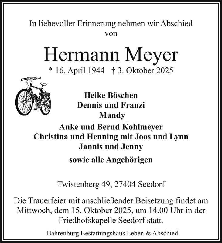 Hermann Meyer: Gedenken : Zevener Zeitung