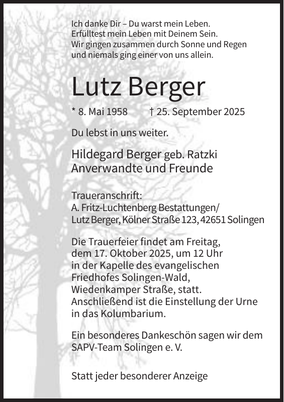Lutz Berger: Traueranzeige : Solinger Tageblatt Trauer