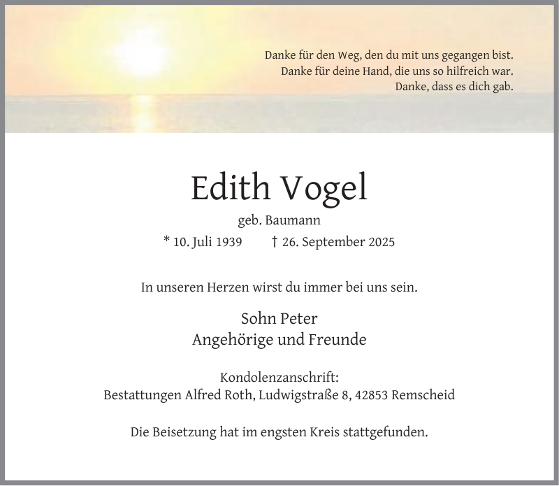 Edith Vogel: Traueranzeige : Remscheider General-Anzeiger