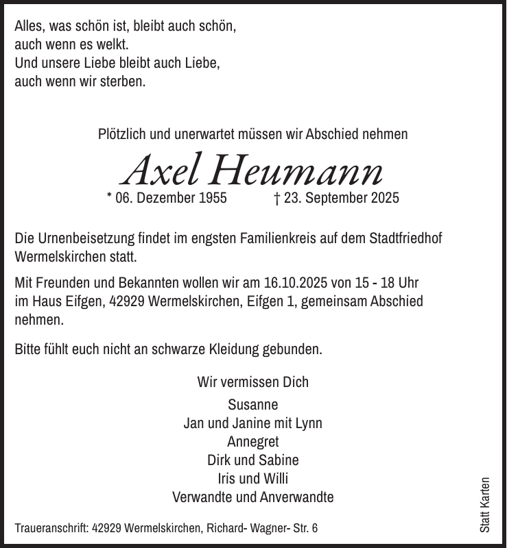 Trauer Axel Heumann: Traueranzeige : Remscheider General-Anzeiger