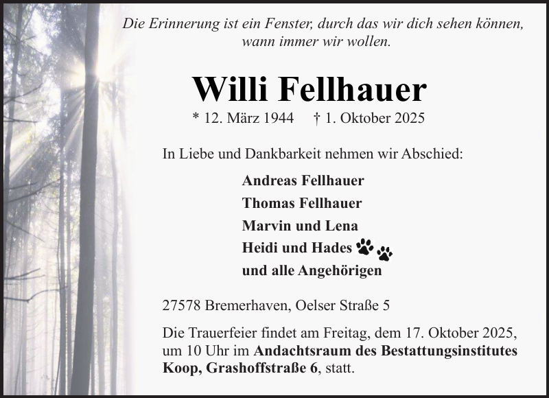 Willi Fellhauer: Gedenken : Nordsee-Zeitung
