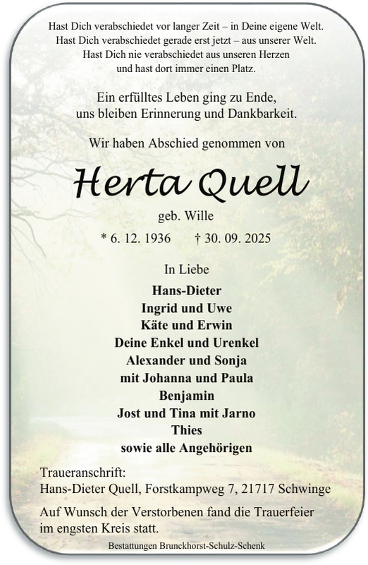 Herta Quell: Traueranzeige : Stader Tageblatt