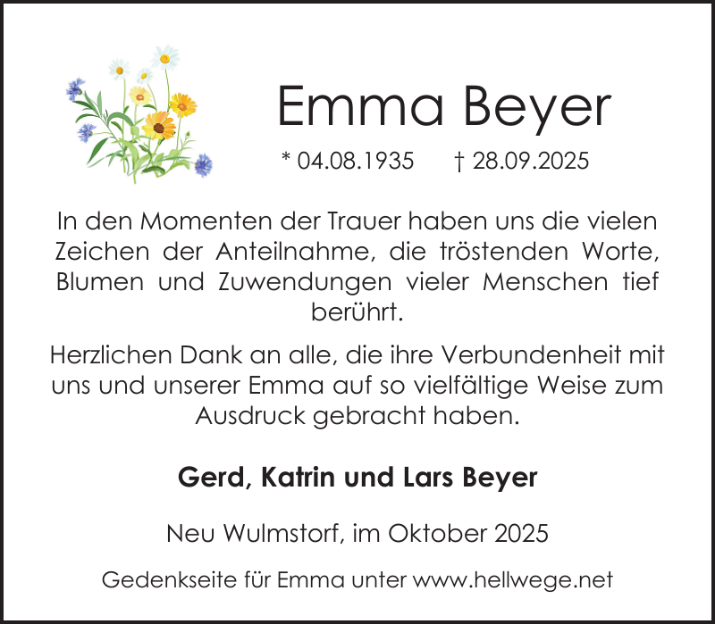 Emma Beyer: Danksagung : Stader Tageblatt
