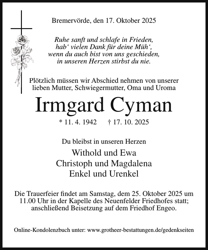 Irmgard Cyman: Gedenken : Bremervörder Zeitung