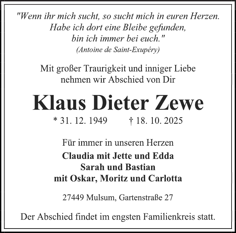 Klaus Dieter Zewe: Traueranzeige : Stader Tageblatt