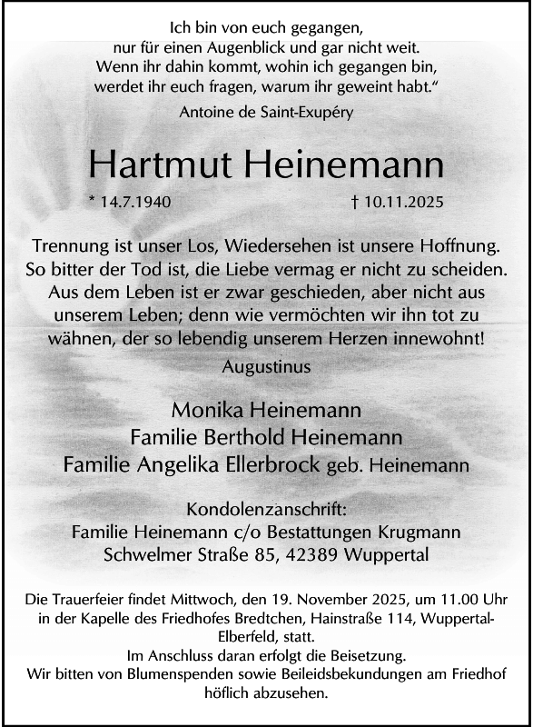 Hartmut Heinemann: Traueranzeige : Westdeutsche Zeitung