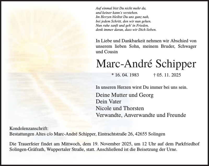 Marc-André Schipper: Traueranzeige : Solinger Tageblatt Trauer