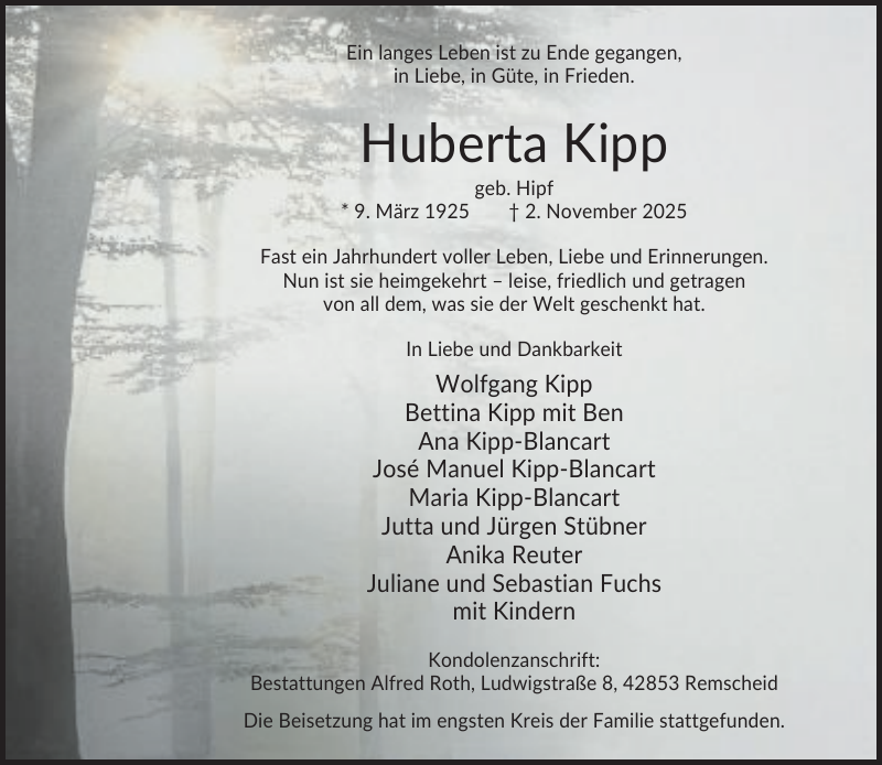 Huberta Kipp: Traueranzeige : Remscheider General-Anzeiger
