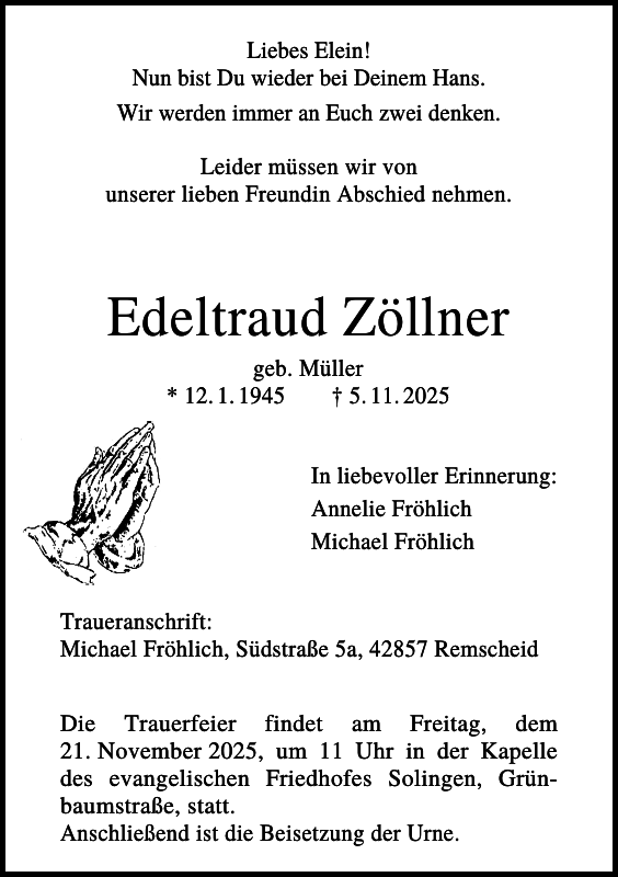 Edeltraud Zöllner: Traueranzeige : Remscheider General-Anzeiger