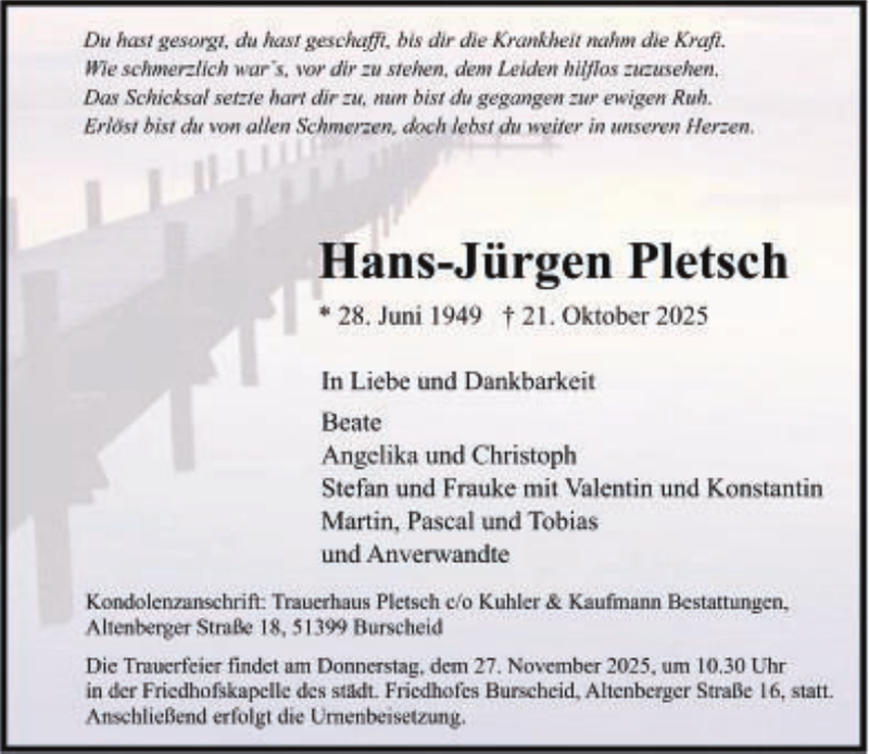 Hans-Jürgen Pletsch: Traueranzeige : Remscheider General-Anzeiger
