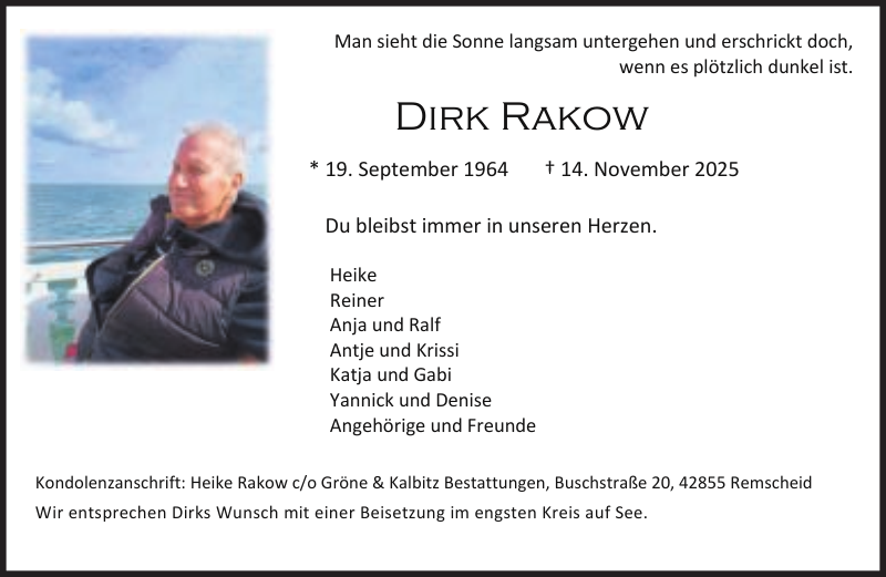 Dirk Rakow: Traueranzeige : Remscheider General-Anzeiger