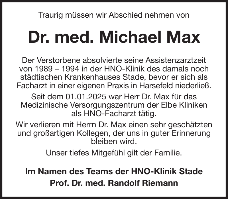 Dr. med. Michael Max: Nachruf : Stader Tageblatt