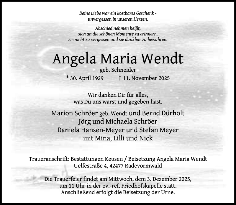 Angela Wendt: Traueranzeige : Remscheider General-Anzeiger