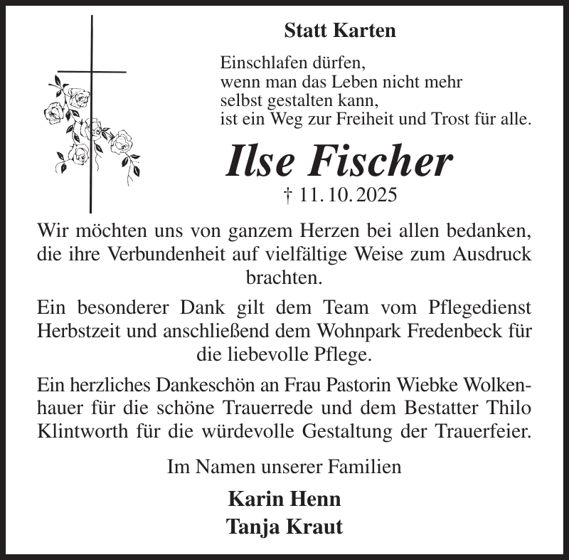 Ilse Fischer: Danksagung : Stader Tageblatt