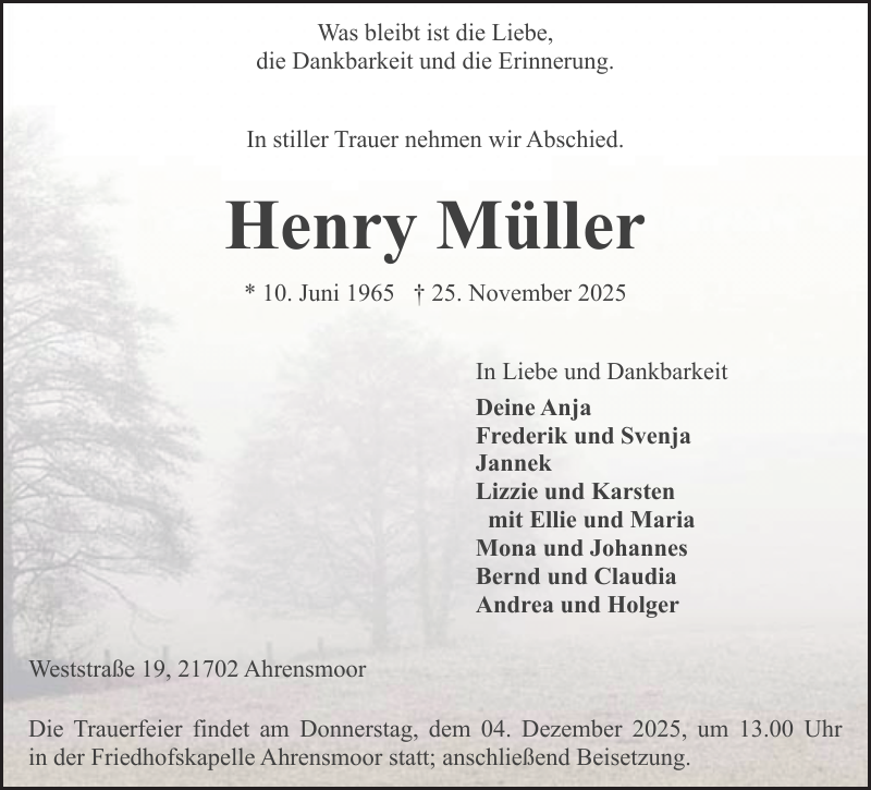 Henry Müller: Traueranzeige : Stader Tageblatt