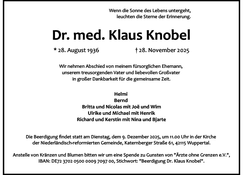 Dr. med. Klaus Knobel: Traueranzeige : Westdeutsche Zeitung