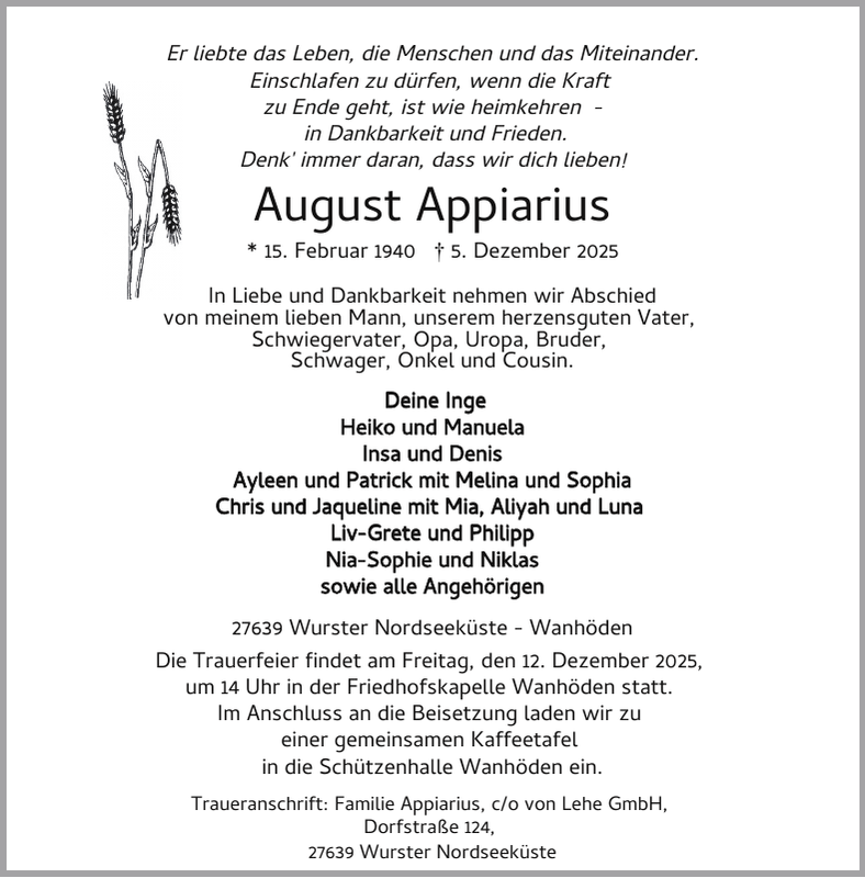 August Appiarius: Gedenken : Nordsee-Zeitung
