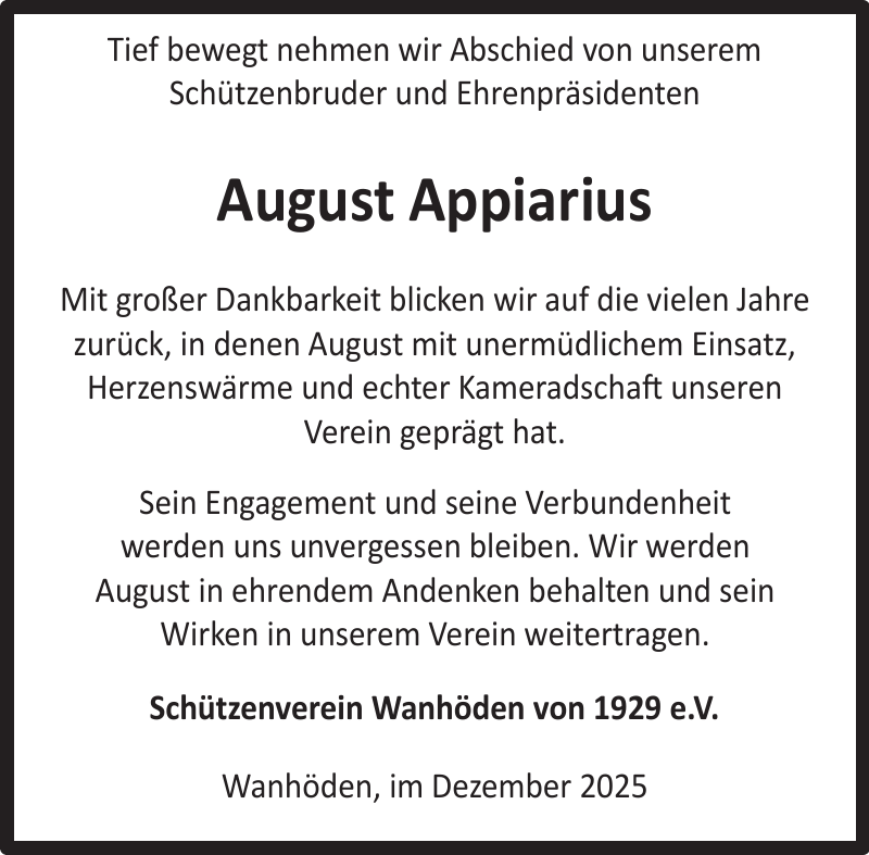 August Appiarius: Nachruf : Nordsee-Zeitung