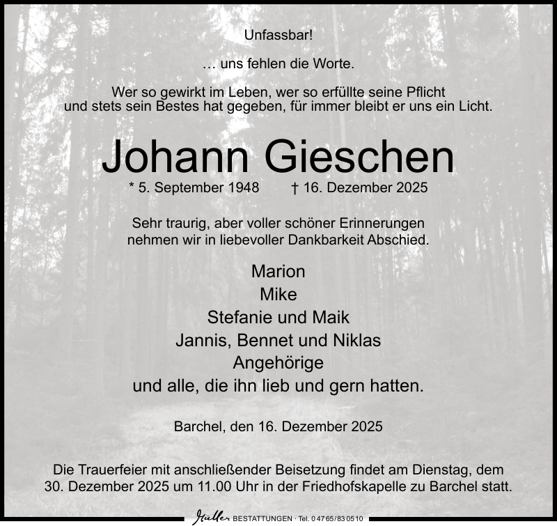 Johann Gieschen: Gedenken : Bremervörder Zeitung