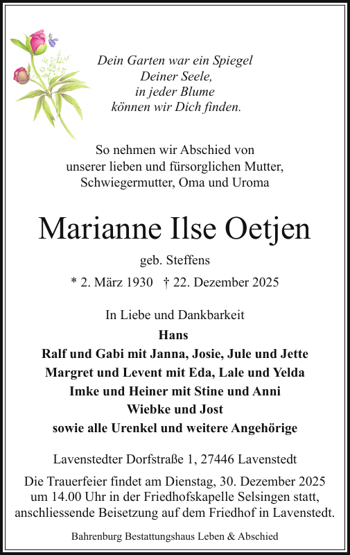 Marianne Ilse Oetjen: Gedenken : Zevener Zeitung