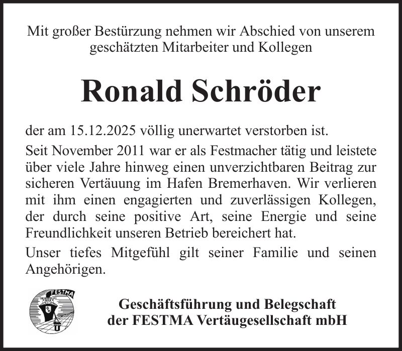 Ronald Schröder: Nachruf : Nordsee-Zeitung
