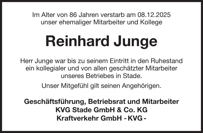 Reinhard Junge: Nachruf : Stader Tageblatt