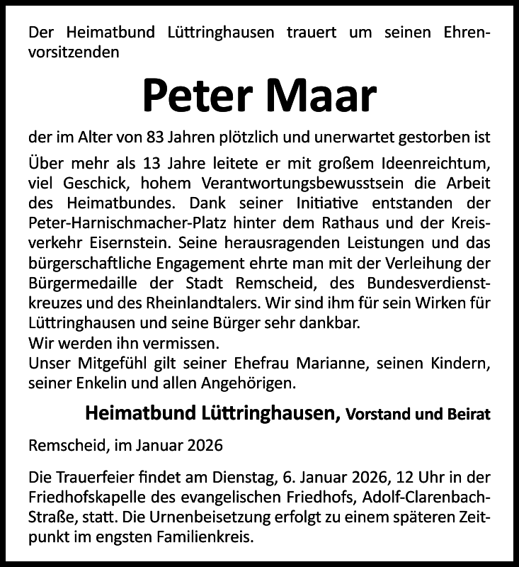 Peter Maar: Traueranzeige : Remscheider General-Anzeiger