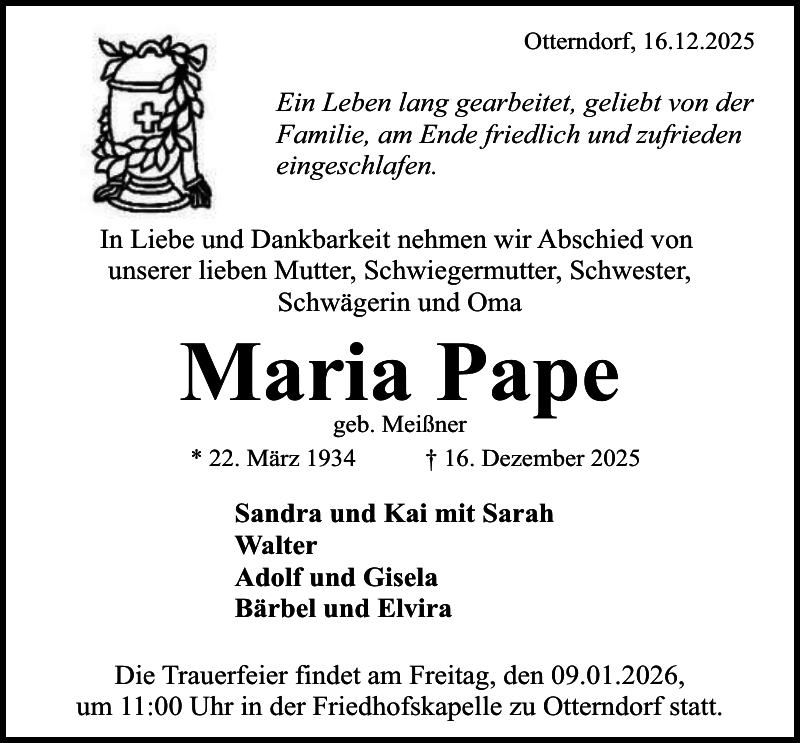 Maria Pape: Traueranzeige : Niederelbe-Zeitung