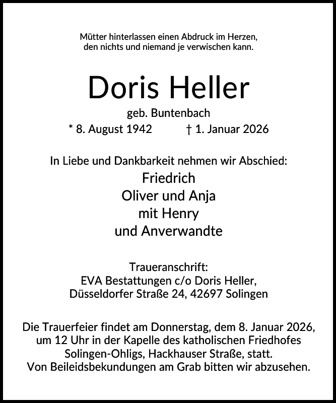 Doris Heller: Traueranzeige : Solinger Tageblatt Trauer