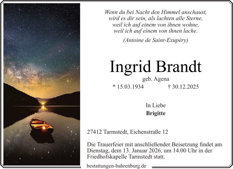 Ingrid Brandt: Gedenken : Zevener Zeitung