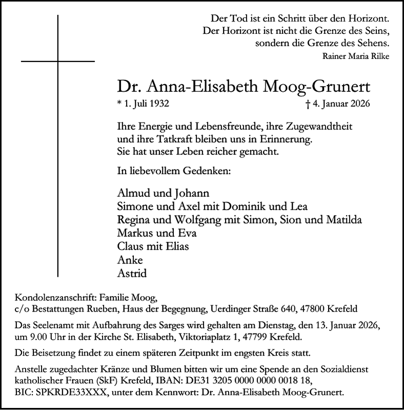 Dr. Anna-Elisabeth Moog-Grunert: Traueranzeige : Westdeutsche Zeitung