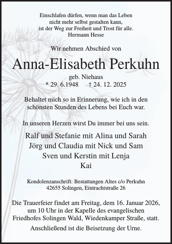 Anna-Elisabeth Perkuhn: Traueranzeige : Solinger Tageblatt Trauer
