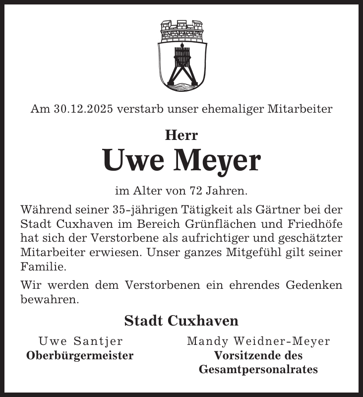 Uwe Meyer: Gedenken : Cuxhavener Nachrichten