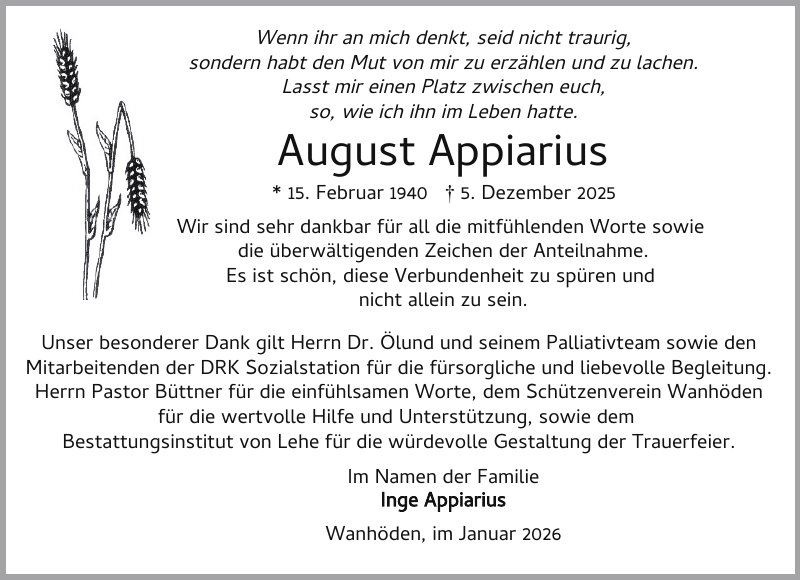 August Appiarius: Danksagung : Nordsee-Zeitung