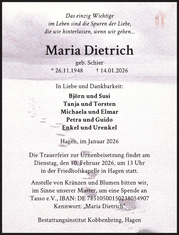 Maria Dietrich: Gedenken : Nordsee-Zeitung