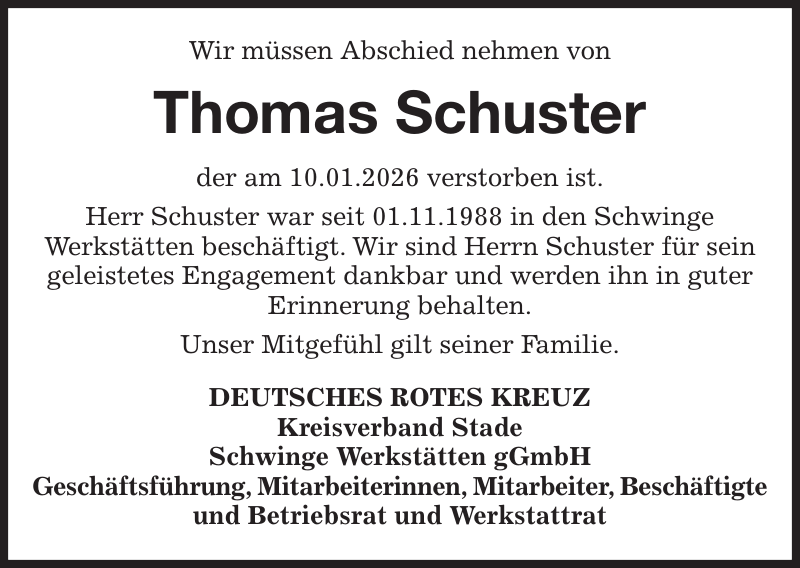 Thomas Schuster: Nachruf : Stader Tageblatt