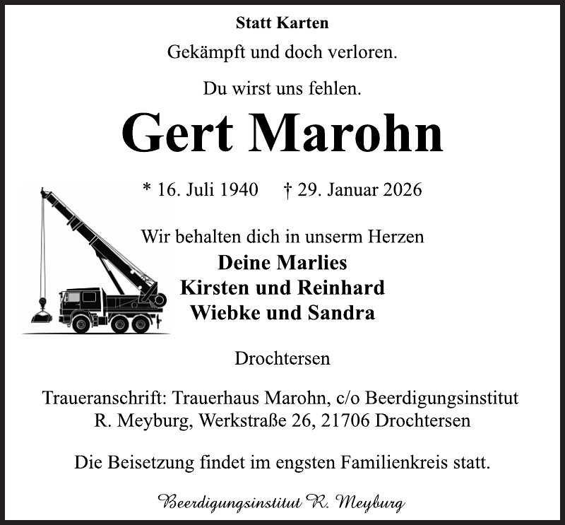 Gert Marohn: Traueranzeige : Stader Tageblatt